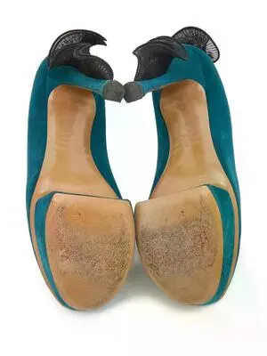 NICHOLAS KIRKWOOD Teal Suede Ruffled Platform Stiletto Pumps