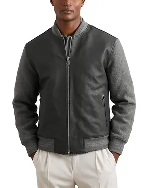 REISS Leather Wool-blend Sleeve Varsity Jacket