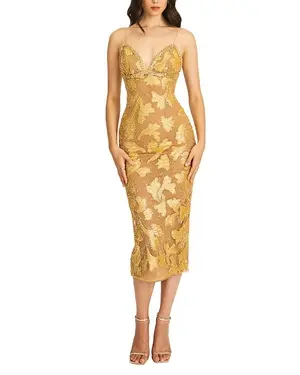 MISS CIRCLE NEW YORK Edie Beaded Sequin Midi Pencil Dress - Gold