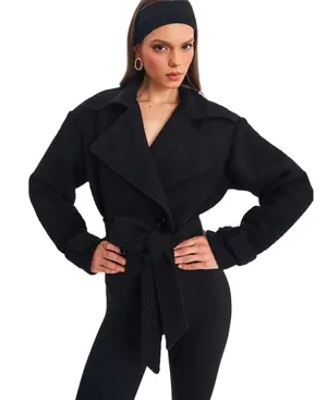 MISS CIRCLE NEW YORK Dara Wool Blend Cropped Double-breasted Belted Coat