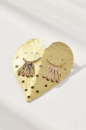 Anthropologie Metal Heart Face Brooch - Gold