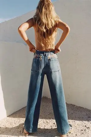 Maeve Colette Wide-leg Embroidered Jeans - Medium Denim