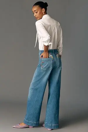 Maeve Colette Embroidered High-rise Wide-leg Full-length Jeans - Medium Denim