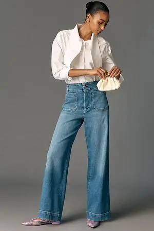 Maeve Colette Embroidered High-rise Wide-leg Full-length Jeans - Medium Denim