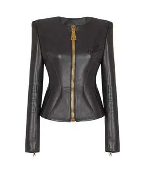 Balmain Cropped Peplum Lambskin Jacket - Black