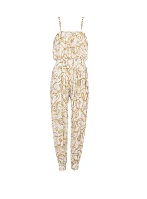 Balmain Printed Jumpsuit With Chain Straps - Gold