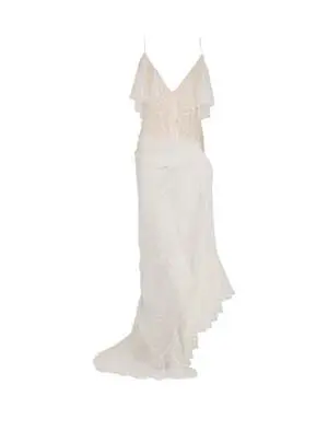 Balmain Long Flowing Dress With Lace Ruffles - White
