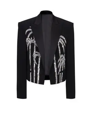 Balmain Cropped Crepe Jacket With Palm Tree Embroidery