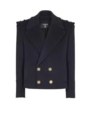 Balmain Cropped Wool Reefer Jacket - Navy