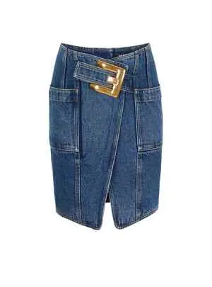 Balmain Mini Denim Skirt With Buckle Belt - Blue