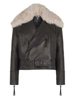 Balmain Leather Biker Jacket With Shearling Collar