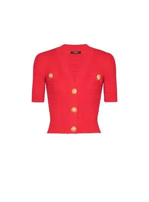 Balmain Short-Sleeve Buttoned Knit Crop Cardigan - Red
