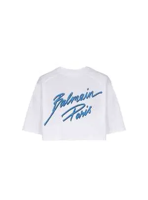 Balmain Flocked Logo Cropped T-shirt - White