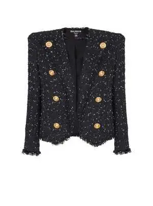 Balmain Cropped 8-button Polka-dot Tweed Jacket