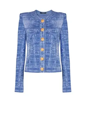 Balmain Jacquard Knit Cardigan With Denim Effect