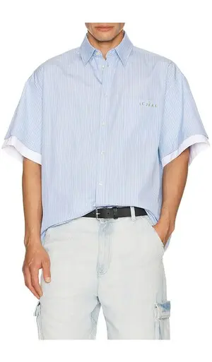 LE PÃ¨RE Double Short Sleeve Button Down Shirt In Blue In Blue