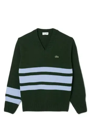 Lacoste Classic Stripe Wool V-neck Sweater - Sinople/overview