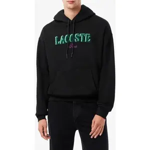 Lacoste Loose Fit Cotton French Terry Hoodie With Fuzzy Logo - Black