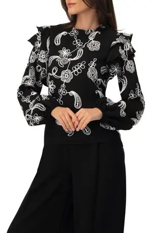 IVONNE Blouse With Embroidery And Ruffle Detail