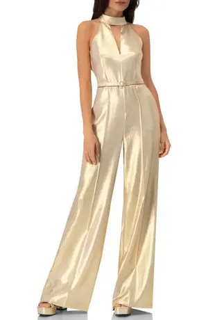 IVONNE Halterneck Metallic Jumpsuit - Gold