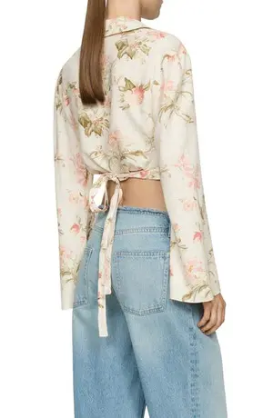 Mango Floral Linen Blend Wrap Top