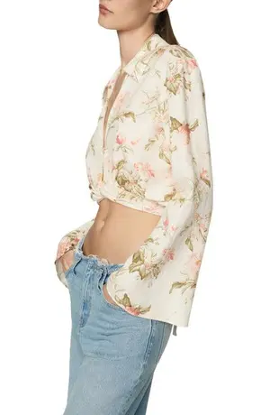 Mango Floral Linen Blend Wrap Top