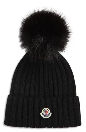 Moncler Wool Ribbed Beanie With Faux Fur Pompom - Black