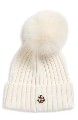 Moncler Wool Ribbed Beanie With Faux Fur Pompom - Silk White