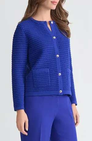 KASPER Pointelle Stitch Button-up Cardigan - Royal Signature