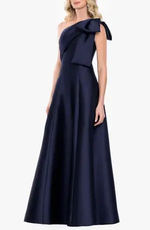 Betsy & Adam Bow Detail One-shoulder Mikado Gown