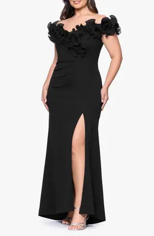 XSCAPE EVENINGS Ruffle Scuba Knit Sheath Gown