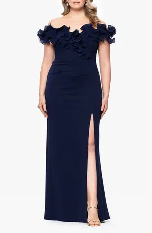 XSCAPE EVENINGS Ruffle Scuba Knit Sheath Gown - Navy