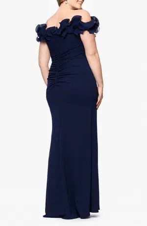 XSCAPE EVENINGS Ruffle Scuba Knit Sheath Gown - Navy