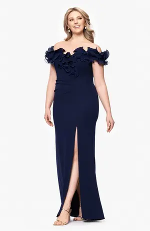 XSCAPE EVENINGS Ruffle Scuba Knit Sheath Gown - Navy
