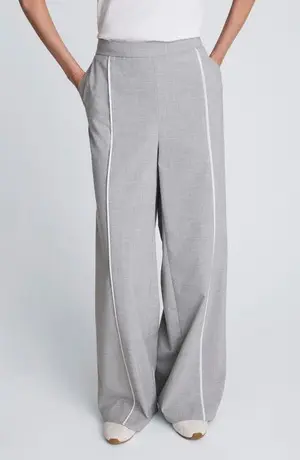 KENNETH COLE Piping Detail Wide Leg Trousers - Light Heather Grey