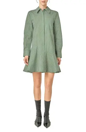 English Factory Stripe Ruffle Hem Shirt Dress - Dark Olive
