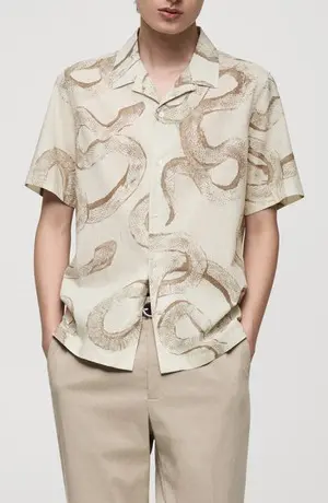 Mango Snake Print Cotton Camp Shirt