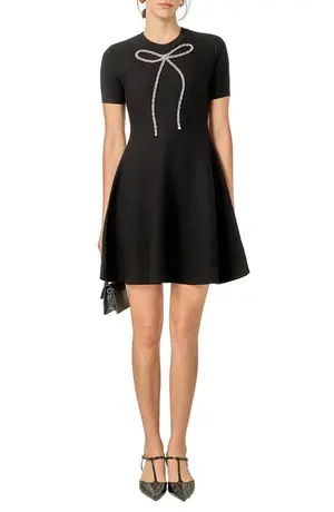 English Factory Rhinestone Bow Knit Fit & Flare Dress - Black