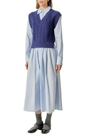 English Factory Mixed Media Maxi Shirt Dress With Sweater Vest