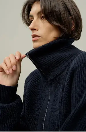 Lilysilk Ribbed-knit Turtleneck Zip Cardigan - Navy Blue