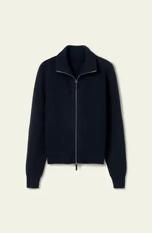 Lilysilk Ribbed-knit Turtleneck Zip Cardigan - Navy Blue