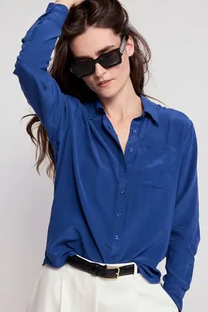 The Shirt By Rochelle Behrens Silk Signature Shirt - Midway Blue