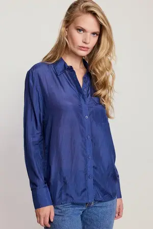 The Shirt By Rochelle Behrens Silk Signature Shirt - Navy
