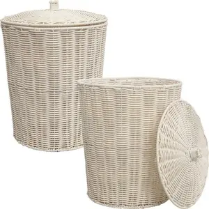 HAPPIMESS Resin 4.7-gallon Tapered Round Wicker Watebasket With Lid - White
