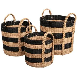 HAPPIMESS Stripe Handwoven Water Hyacinth Nesting Storage Baskets With Handles - Black/natural