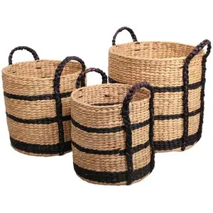 HAPPIMESS Stripe Handwoven Water Hyacinth Nesting Storage Baskets With Handles - Natural/black