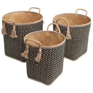 HAPPIMESS Celia Handwoven Palm Leaf Nesting Storage Baskets With Rope Handles - Natural/white