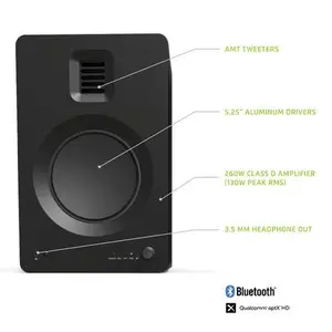 KANTO Tuk Premium Powered Bookshelf Speakers With Bluetoothpair - Black