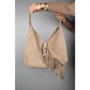 FOREVER & ALWAYS SHOES Rosalin Leather Tassel Shoulder Bag - Beige Suede