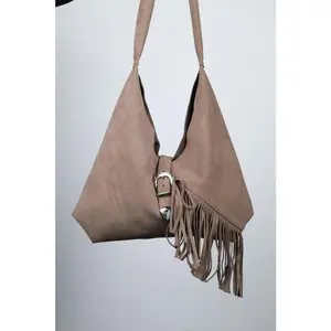 FOREVER & ALWAYS SHOES Rosalin Leather Tassel Shoulder Bag - Dark Beige Suede